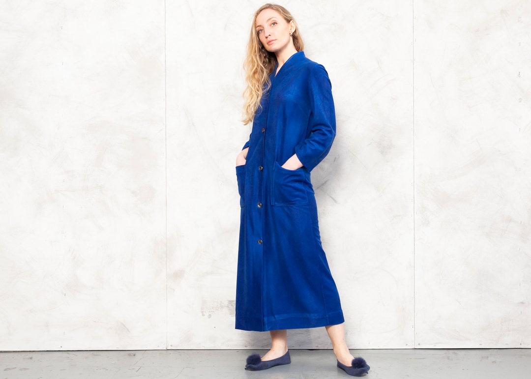 Blue Velvet Robe Vintage 90s Morning Robe Women Bath Robe Terry Cloth ...