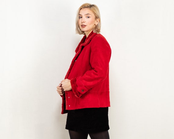 Red Faux Shearling Jacket, Red Faux Suede Jacket, Siz… - Gem