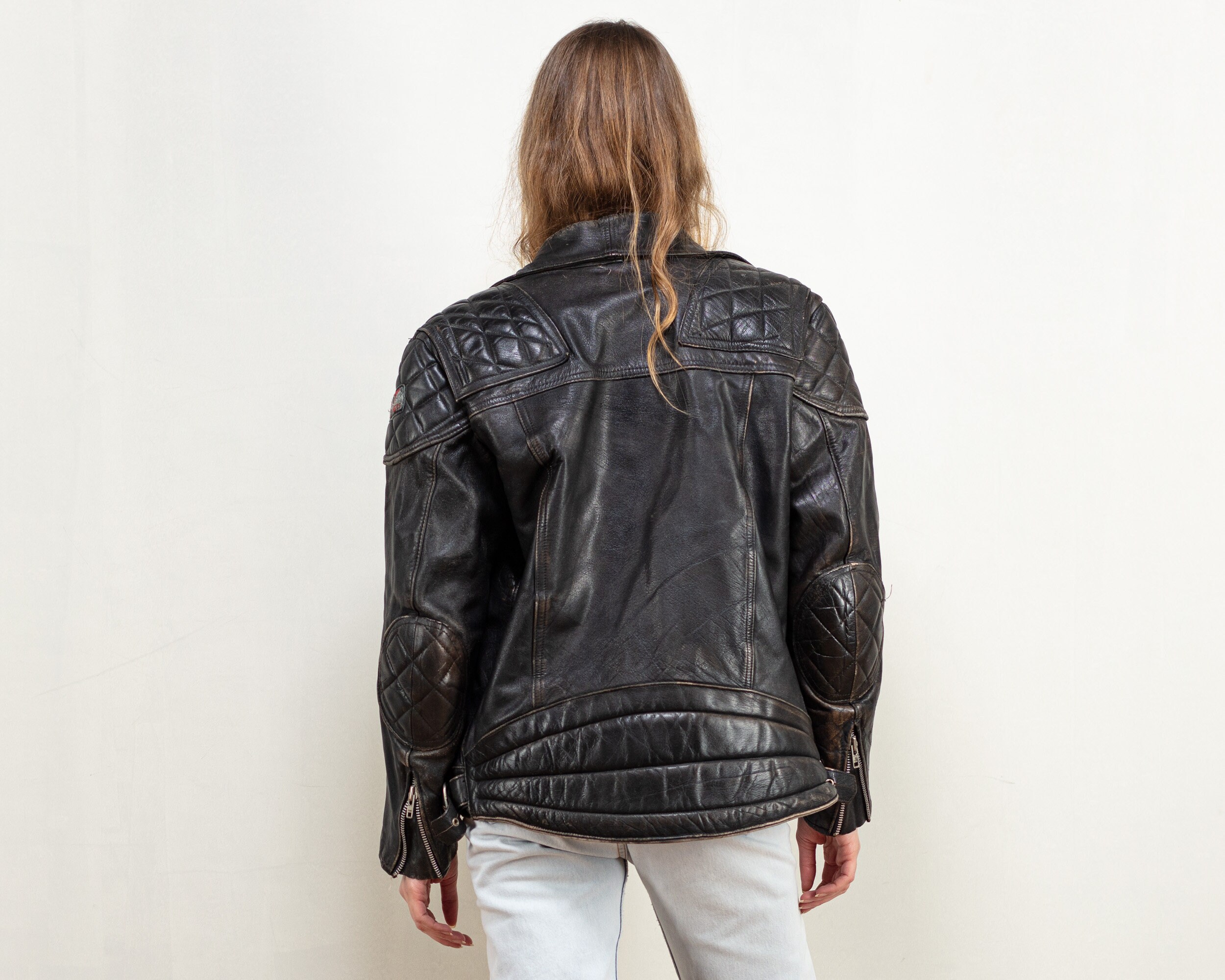 Oversized Biker Jacket 70s Leather Biker Zip up Motorcycle - Etsy