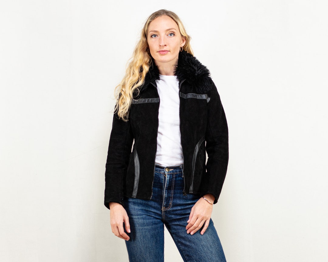 Penny Lane Jacket 70's Women Shearling Suede Black Sherpa Lining Jacket ...