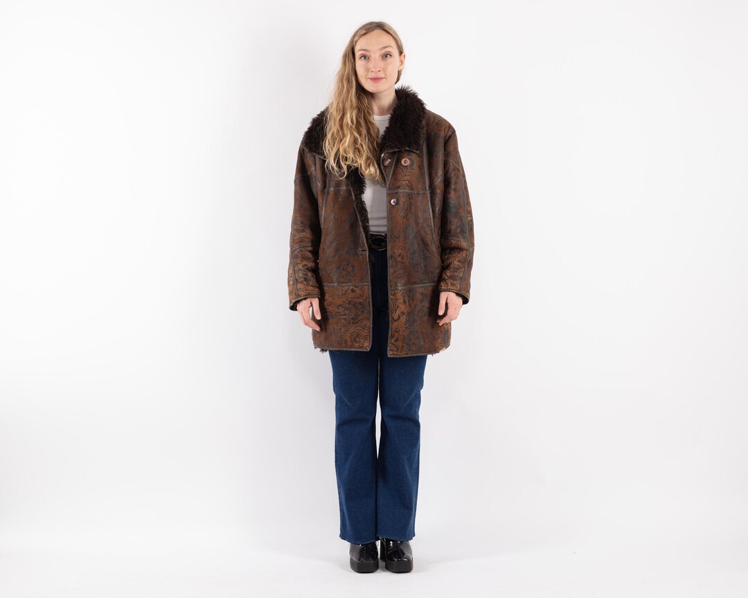 80s Brown Sheepskin Coat, Size L Vintage Shearling Coat, Western ...