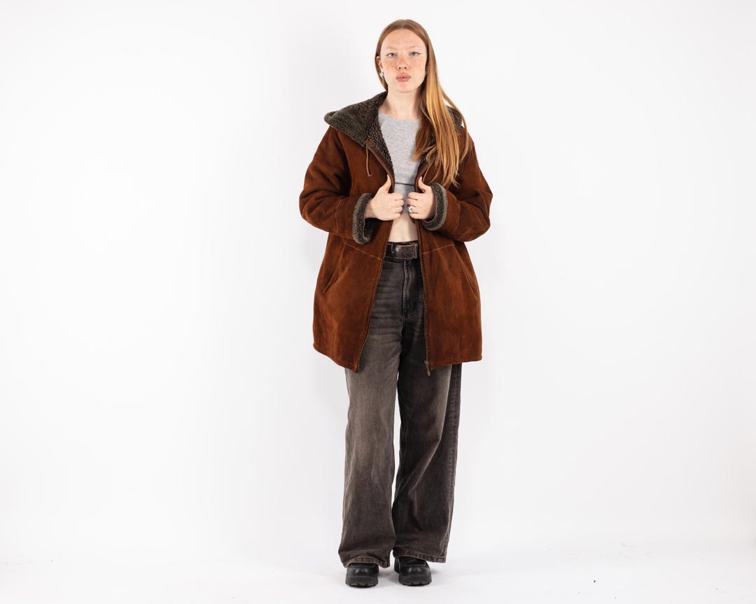 Hooded Sheepskin Long Coat 90's, Size L/XL Vintage Sheepskin Coat, Shearling Afghan Coat, Boho ...