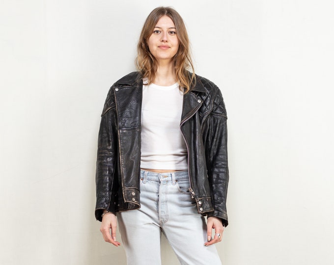 Oversized Biker Jacket 70s Leather Biker Zip up Motorcycle Jacket Edgy ...