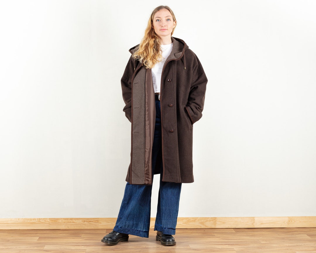 Brown Vintage Coat, Hooded Wool Coat, Size Extra Large 3 XL, Plus Size ...
