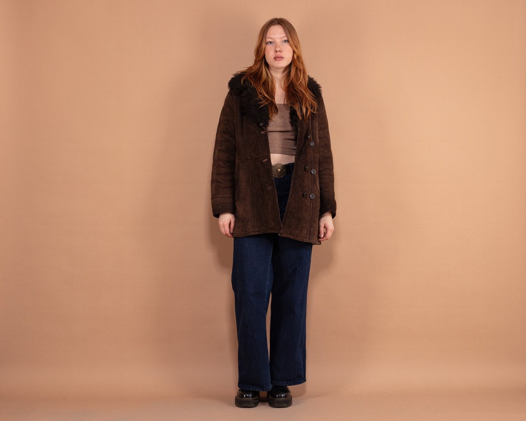 Sheepskin Suede Coat 70's, Size M Medium, Vintage Classic Shearling Winter Coat, Boho Brown ...