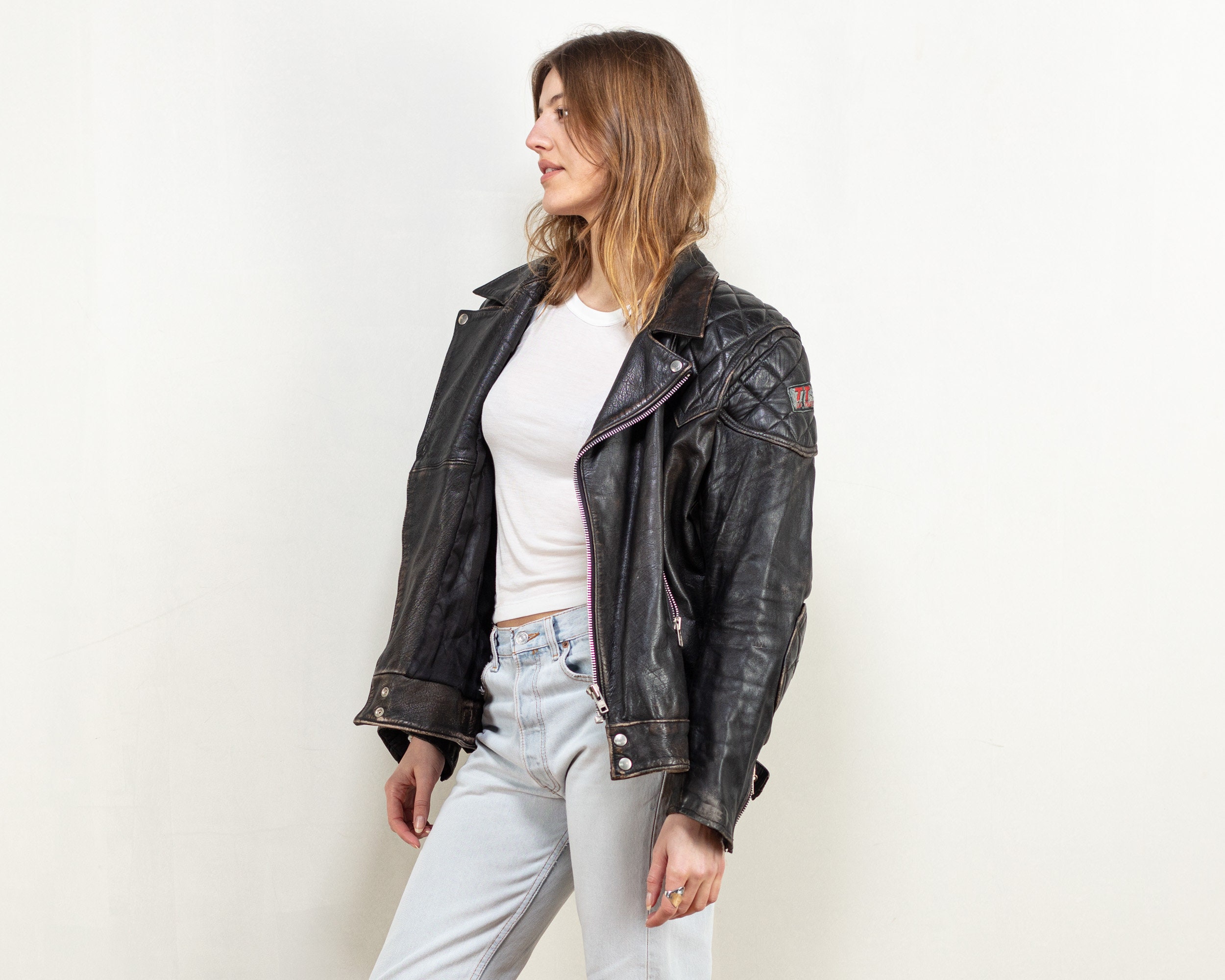 Oversized Biker Jacket 70s Leather Biker Zip up Motorcycle - Etsy