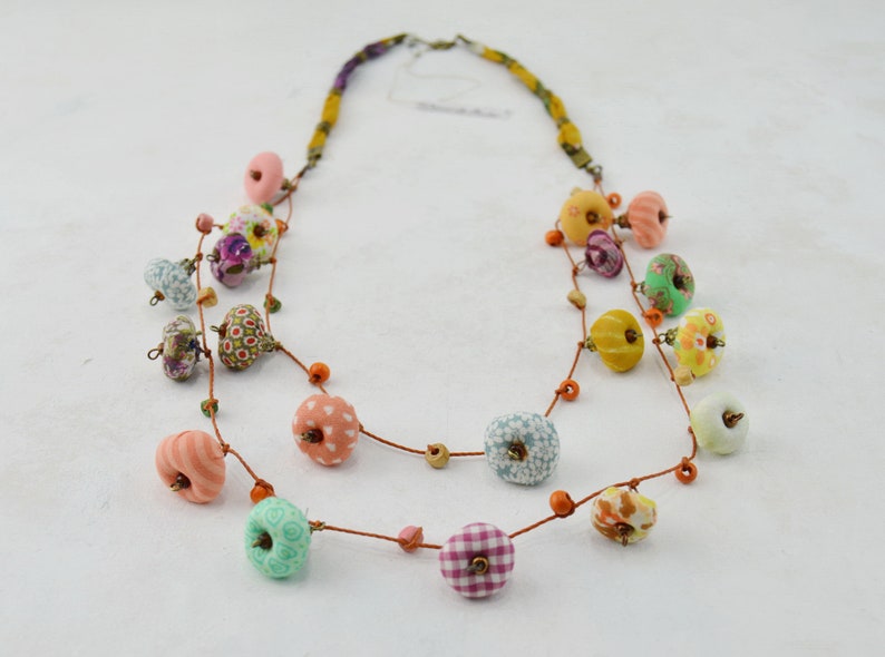 Multicolored Fabric Necklace, Multicolored Beaded Textile Necklace ...