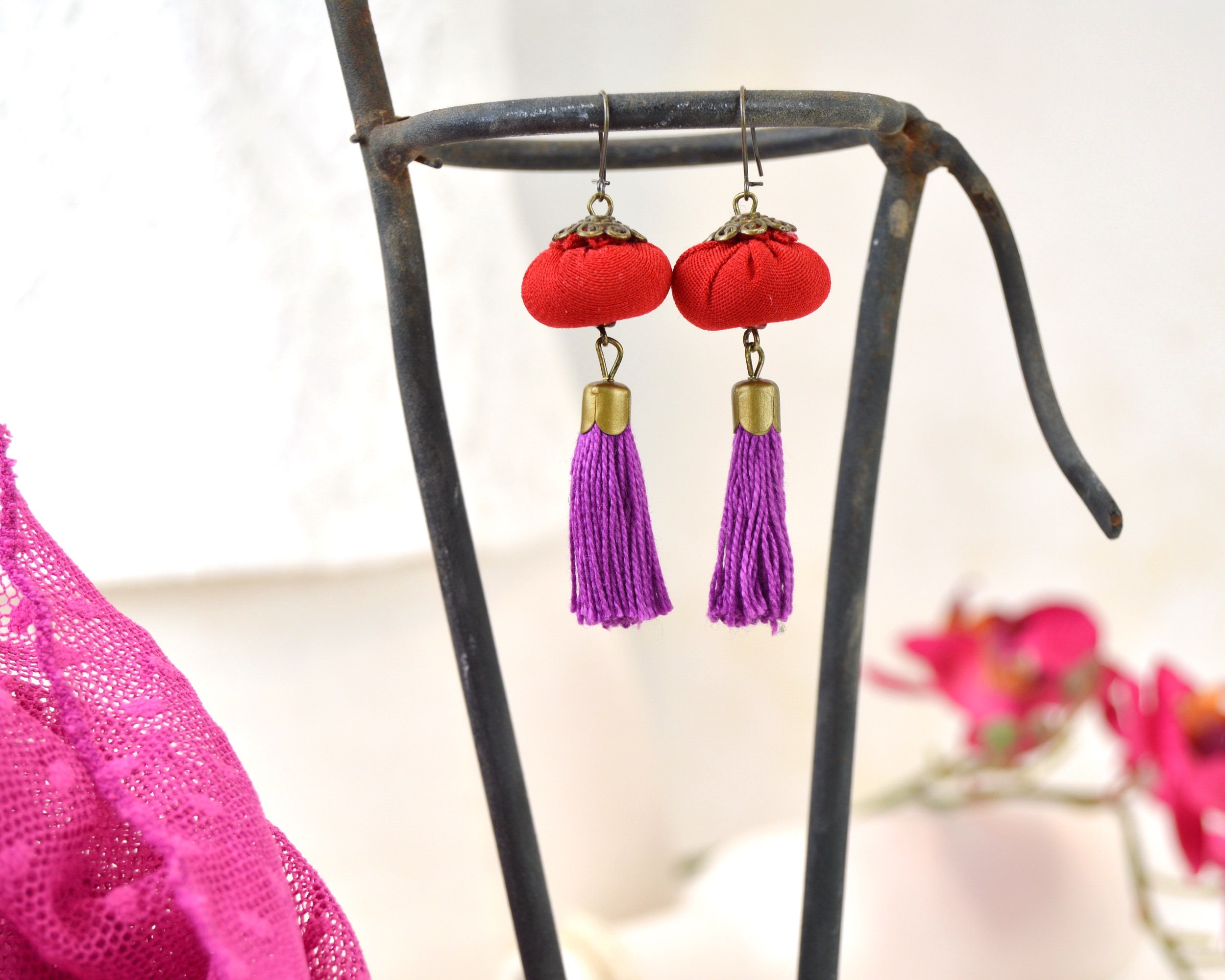 Rote Quasten Ohrringe, Fuchsia Quaste Boho Ohrringe, fuchsia rote ...