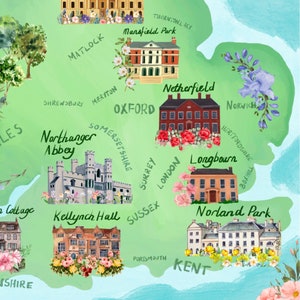 Jane Austen Map of England Art Print, Jane Austen Story Map Poster ...