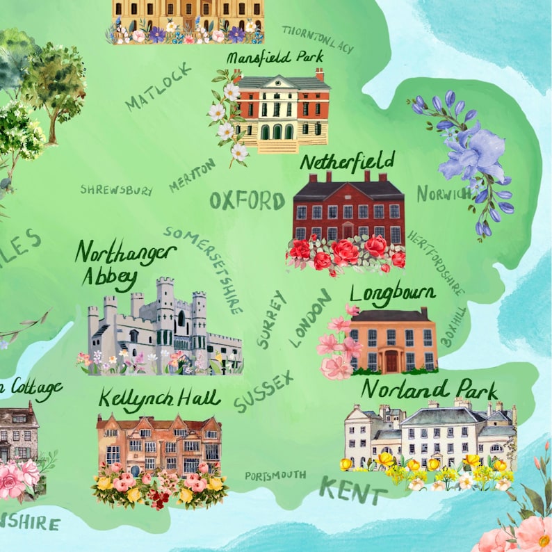 Jane Austen England Map Print | Pride and Prejudice Literary Map | Book ...