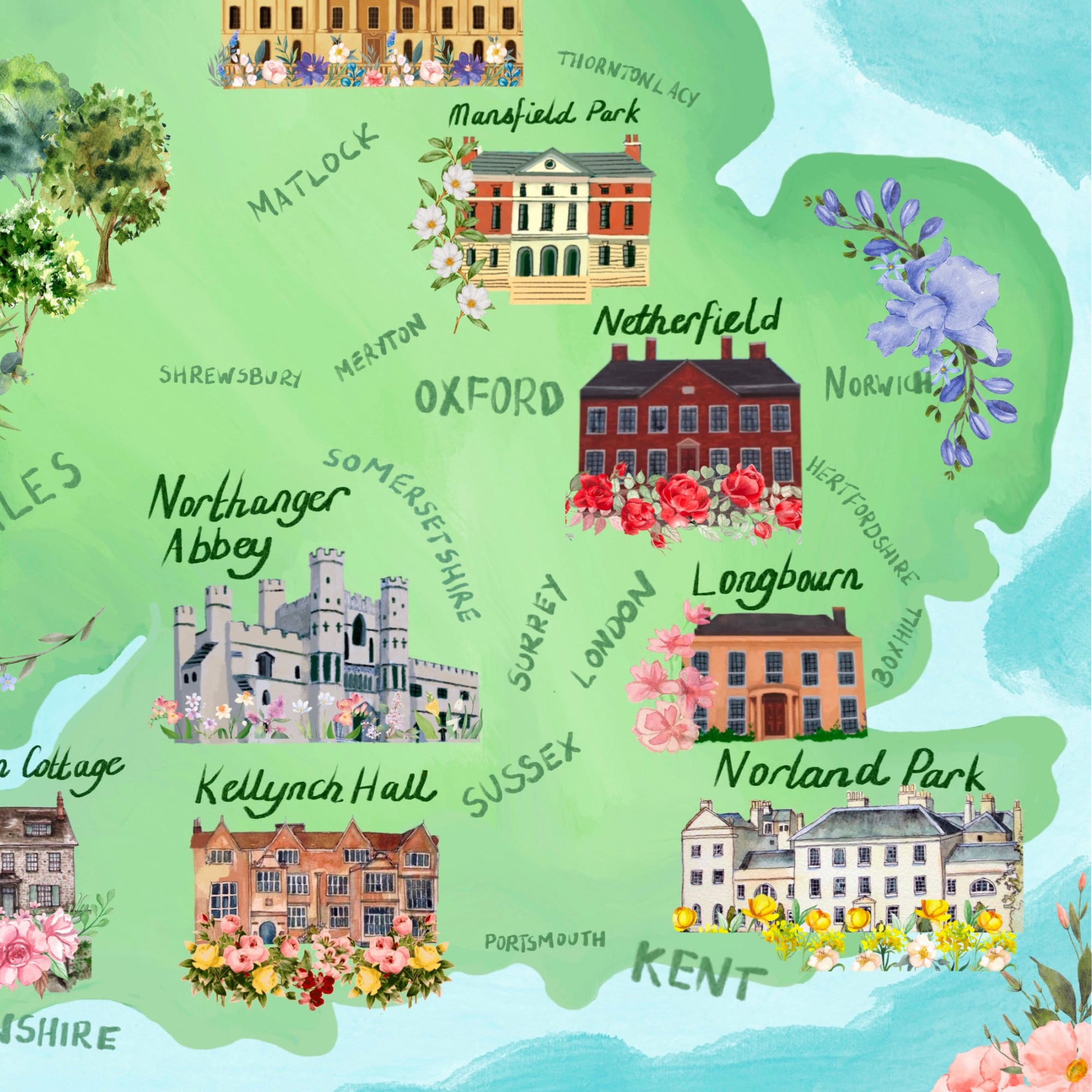 Jane Austen England Map Print | Pride and Prejudice Literary Map | Book ...