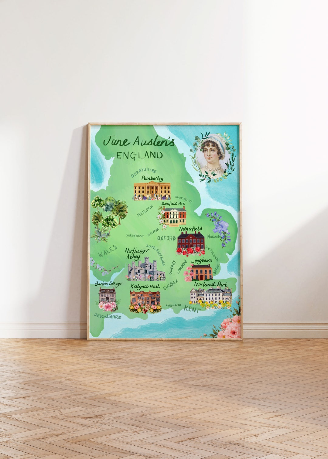 Jane Austen Map of England Art Print, Jane Austen, Wall Art, Jane ...