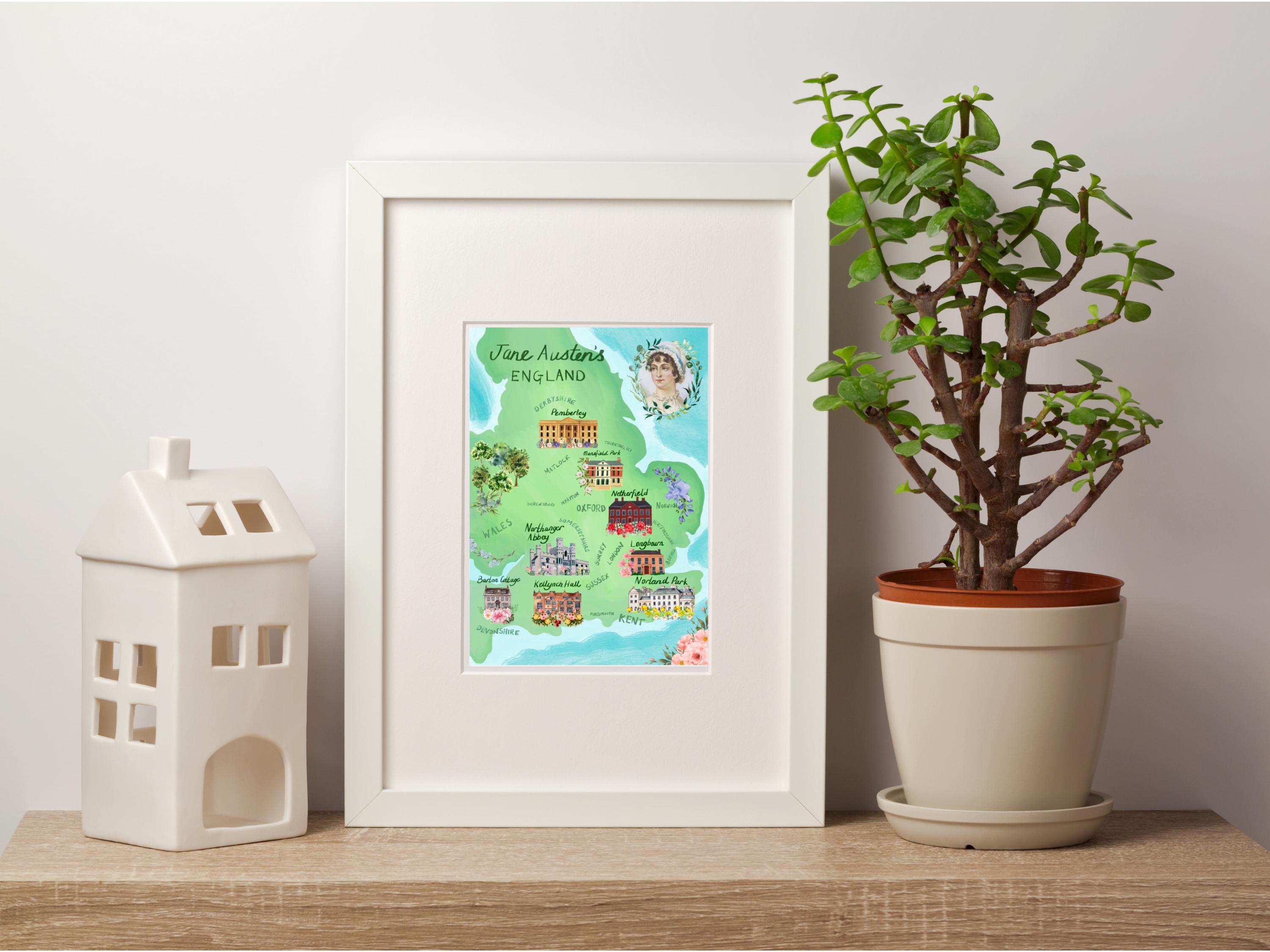 Jane Austen England Map Print | Pride and Prejudice Literary Map | Book ...