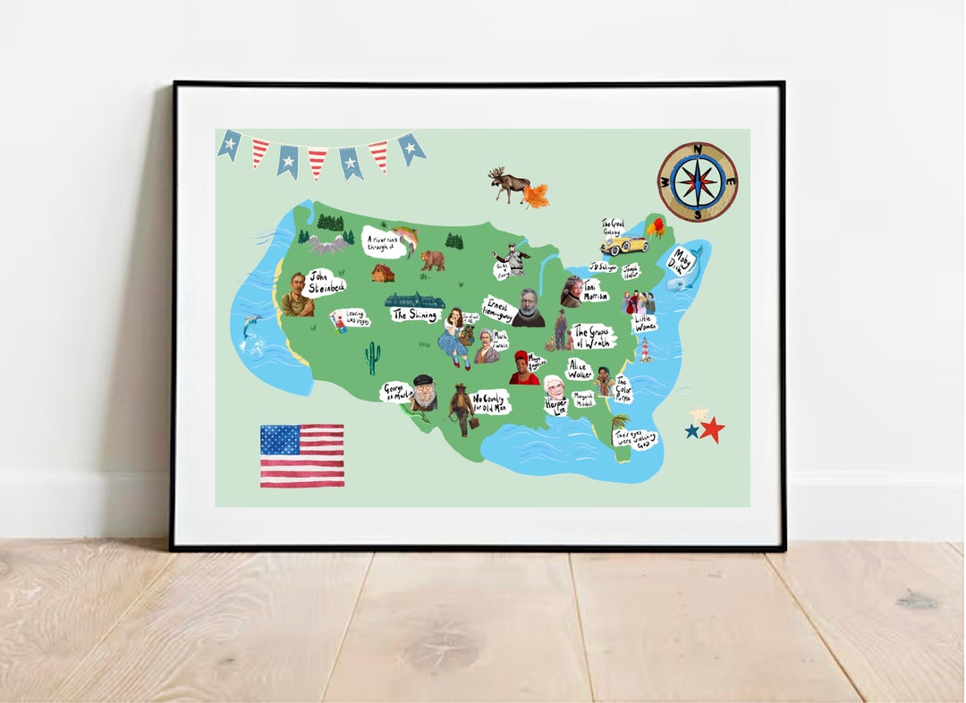 Literary Map of the United States, Classic Literature Locations Map ...