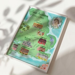 Jane Austen Map of England Art Print, Jane Austen Story Map Poster ...