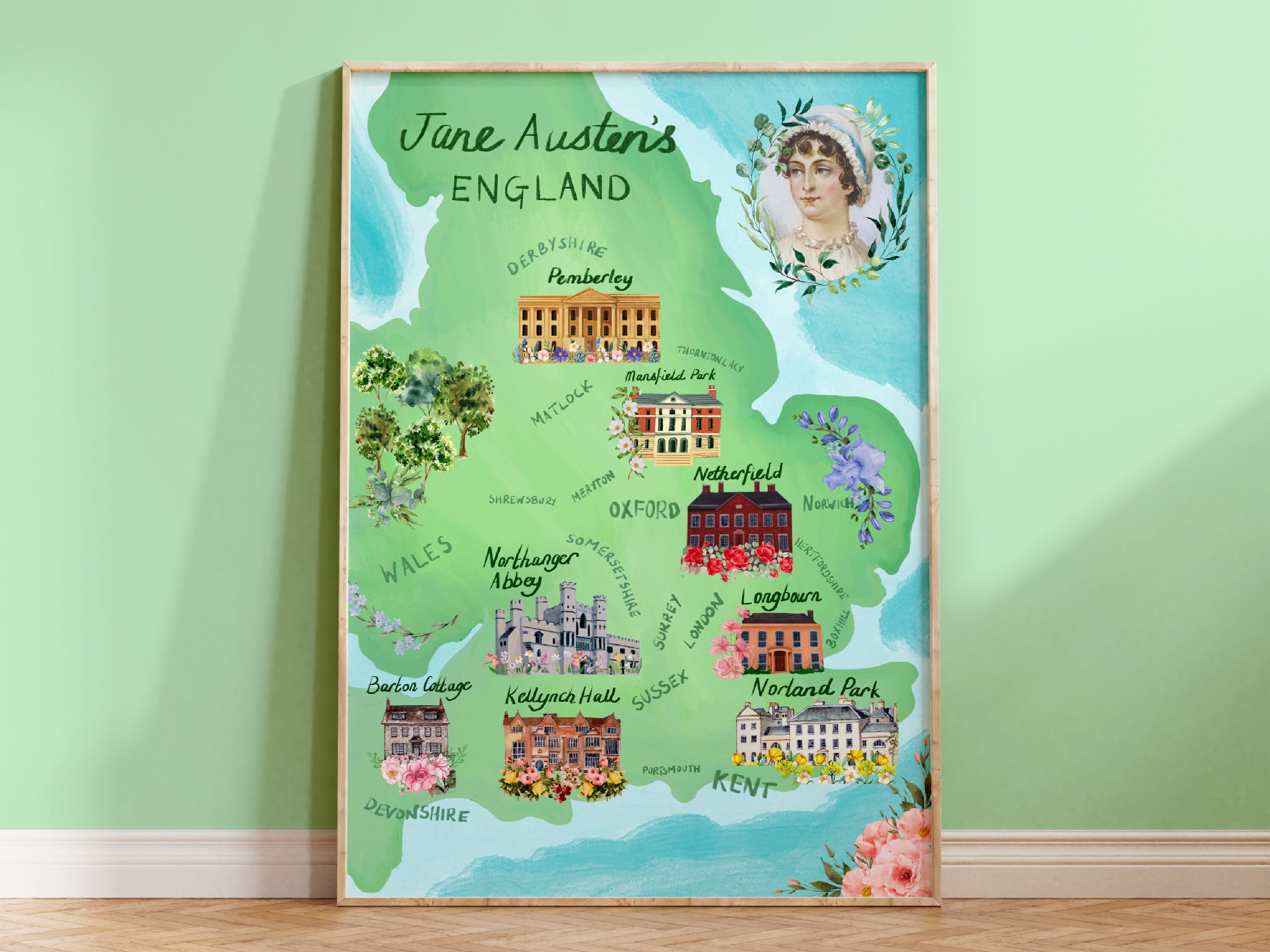 Jane Austen Map of England Art Print, Jane Austen Story Map Poster ...
