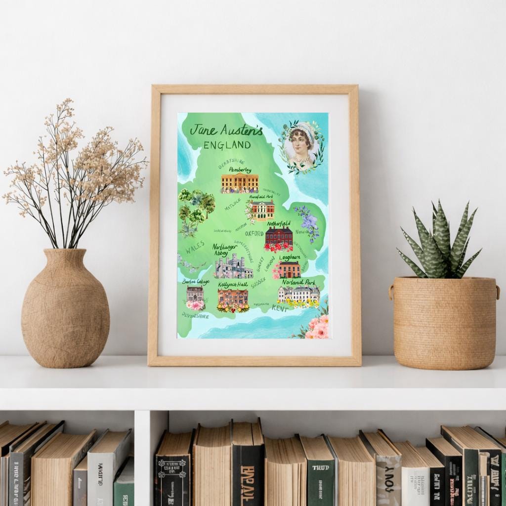 Jane Austen England Map Print | Pride and Prejudice Literary Map | Book ...