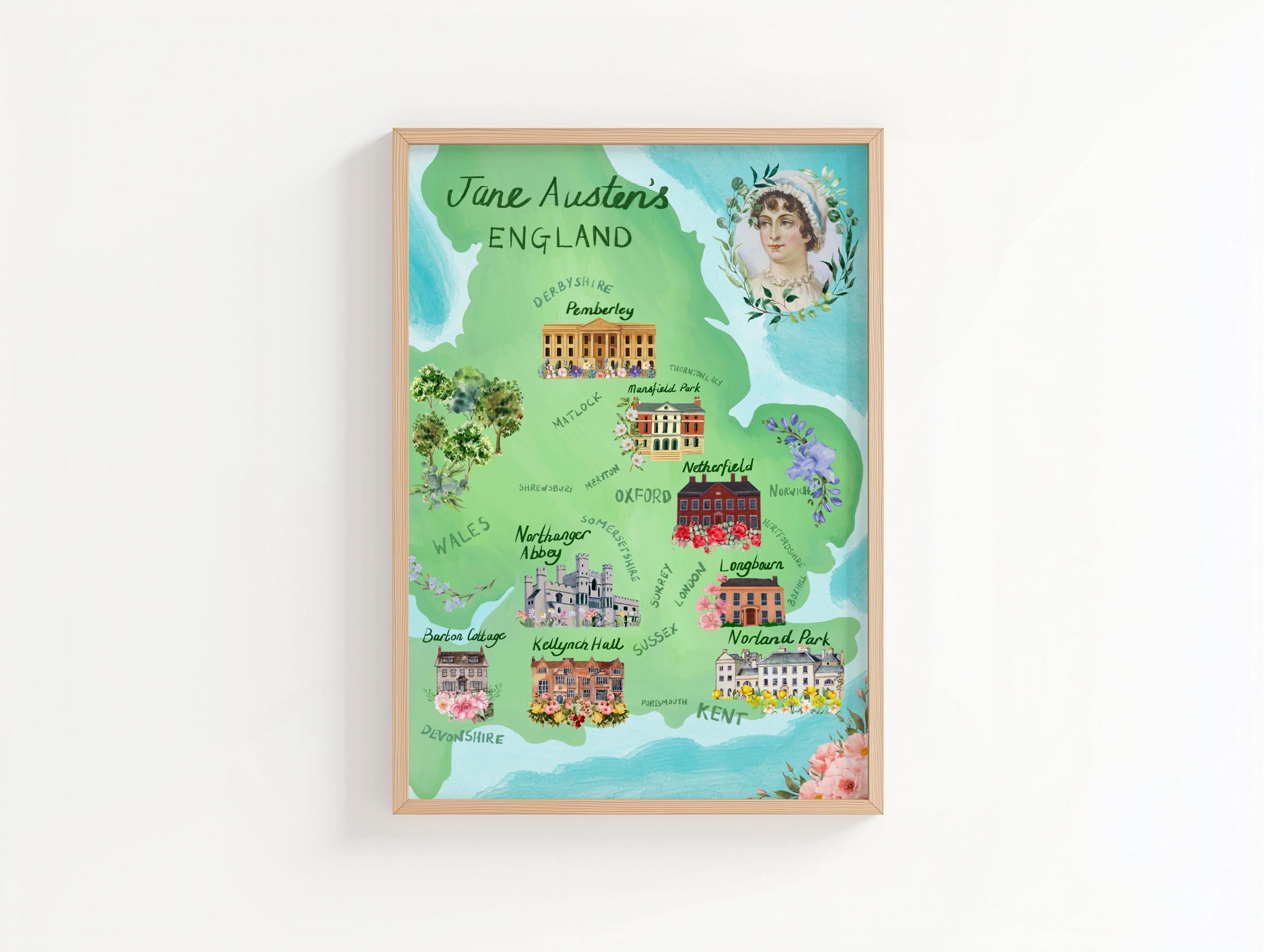 Jane Austen England Map Print | Pride and Prejudice Literary Map | Book ...