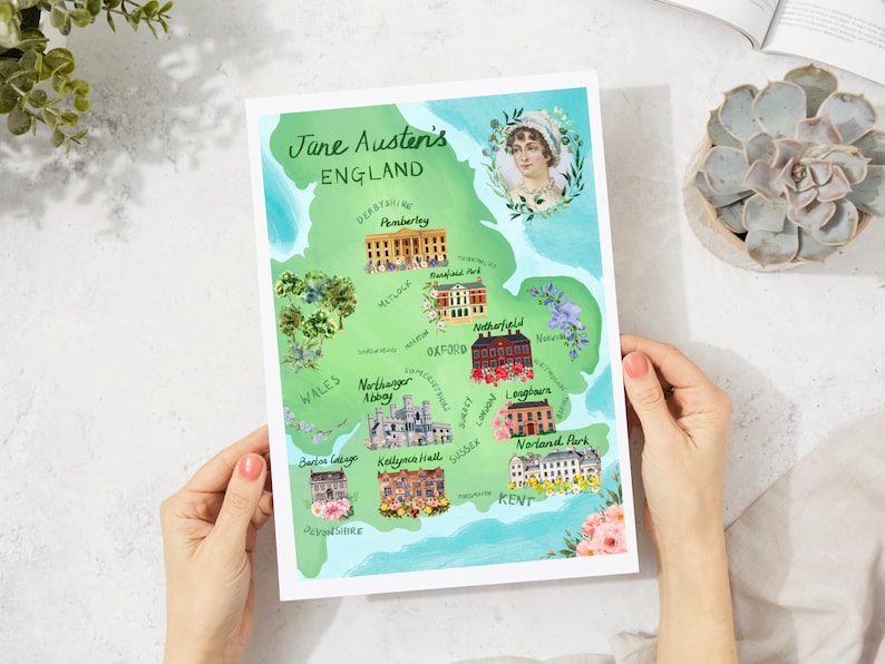 Jane Austen Map of England Art Print, Jane Austen Story Map Poster ...