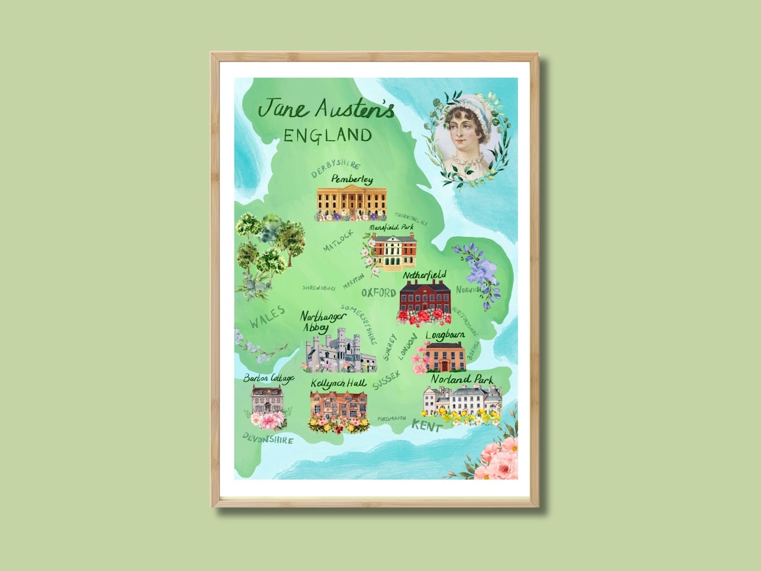 Jane Austen Map of England Art Print, Jane Austen Story Map Poster ...