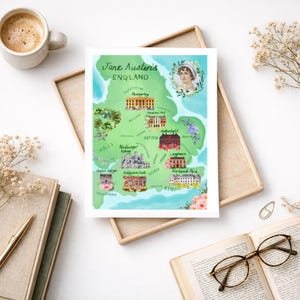 Jane Austen England Map Print | Pride and Prejudice Literary Map | Book ...