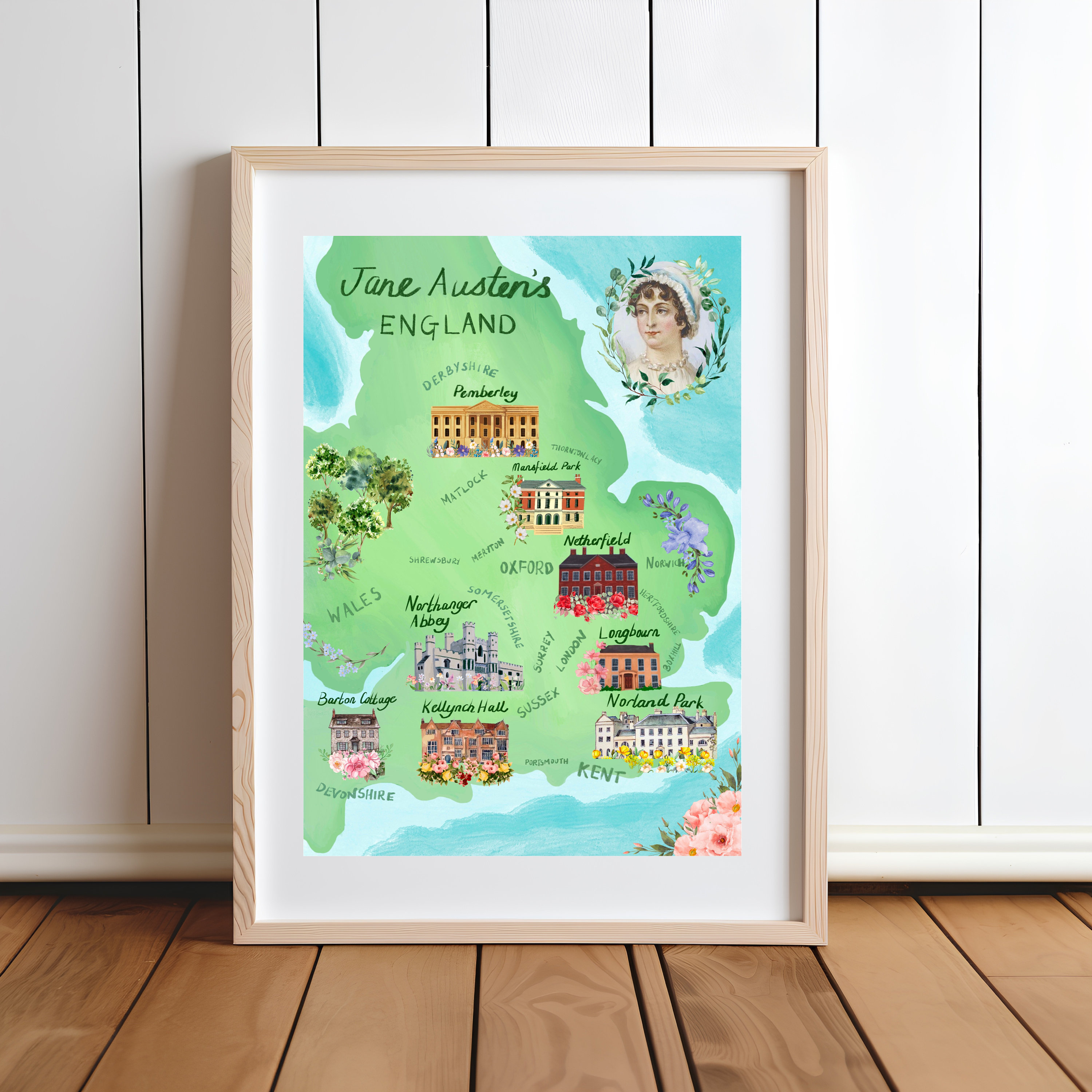Jane Austen Map of England Art Print, Jane Austen Story Map Poster ...