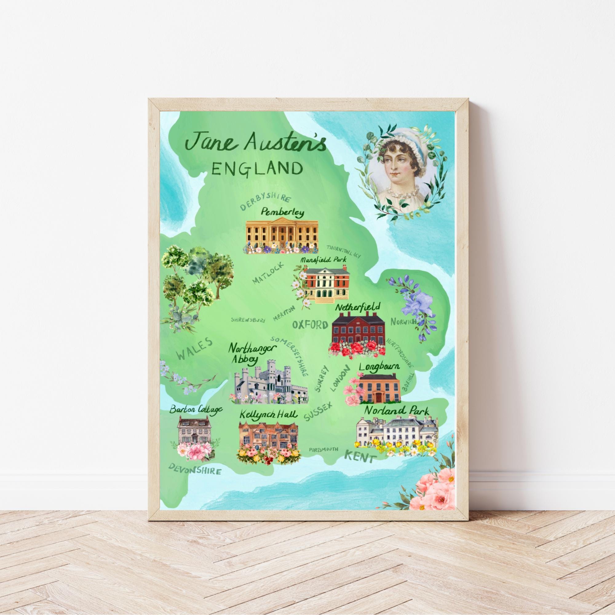 Jane Austen England Map Print | Pride and Prejudice Literary Map | Book ...