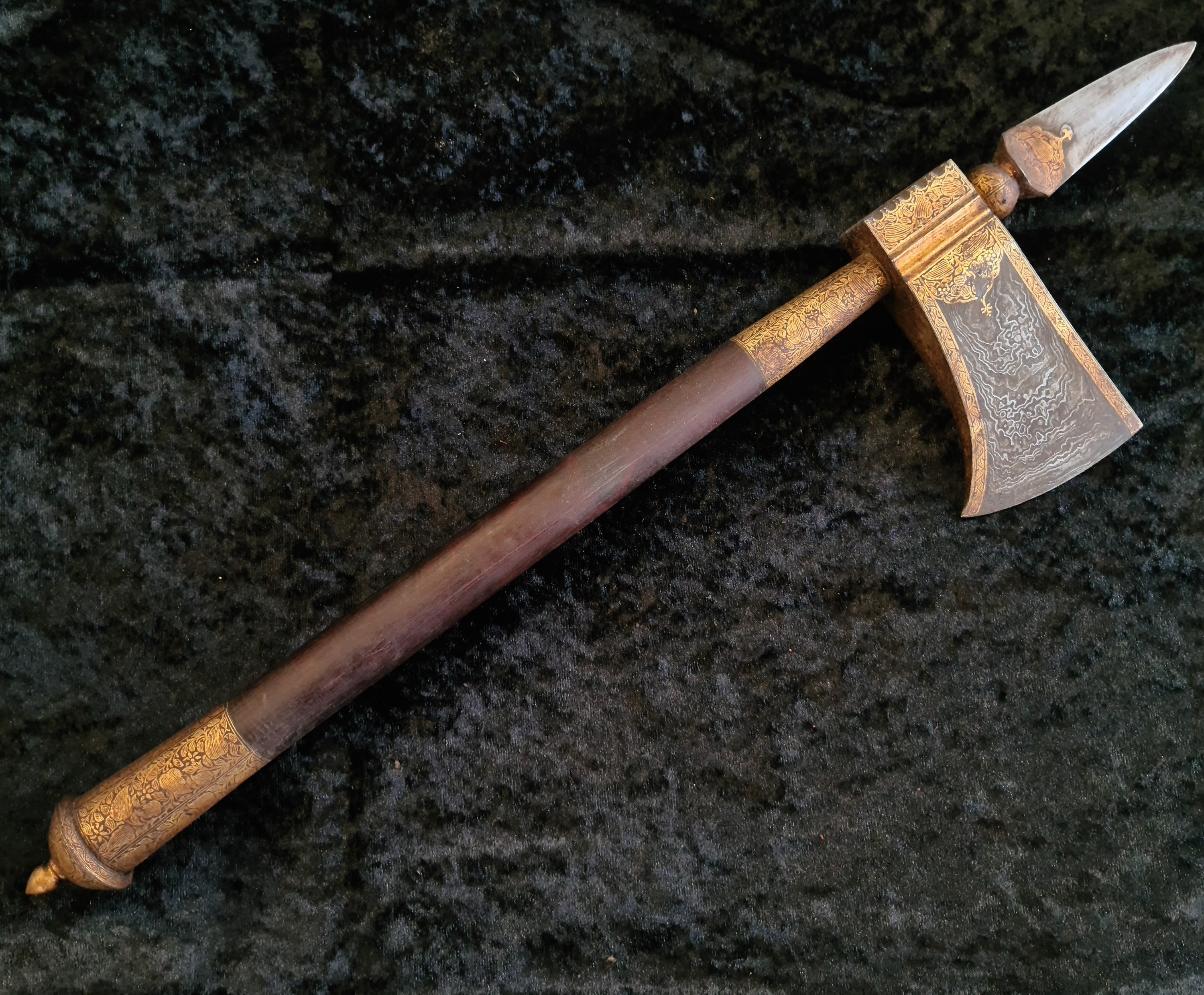 Vintage Indian Islamic Ottoman Spiked Tabar Zin Saddle Axe Gold ...