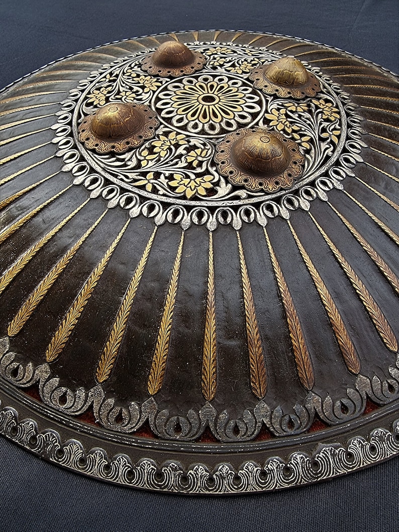 Vintage Old Mughal Ottoman Dhal Shield With Gold and Silver Damascened ...