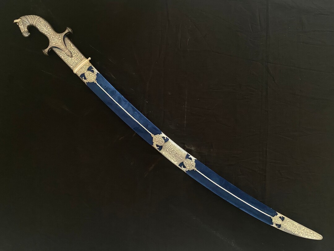 Vintage Indian Sword Shamshir Talwar: Silver Damascened Horse Hilt ...