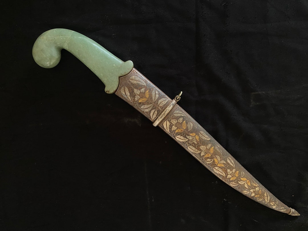 Vintage Old Green Jade Aventurine Stone Handle Large Dagger With Silver ...