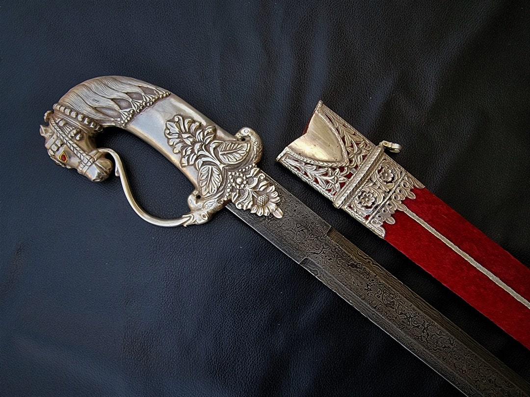 Indian Handcrafted Sword Talwar With Solid Silver Horse Hilt Chape and ...