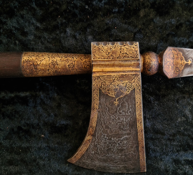 Vintage Indian Islamic Ottoman Spiked Tabar Zin Saddle Axe Gold ...