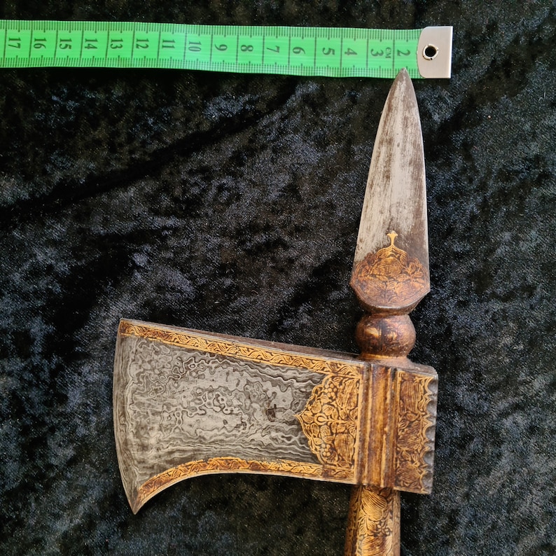 Vintage Indian Islamic Ottoman Spiked Tabar Zin Saddle Axe Gold ...