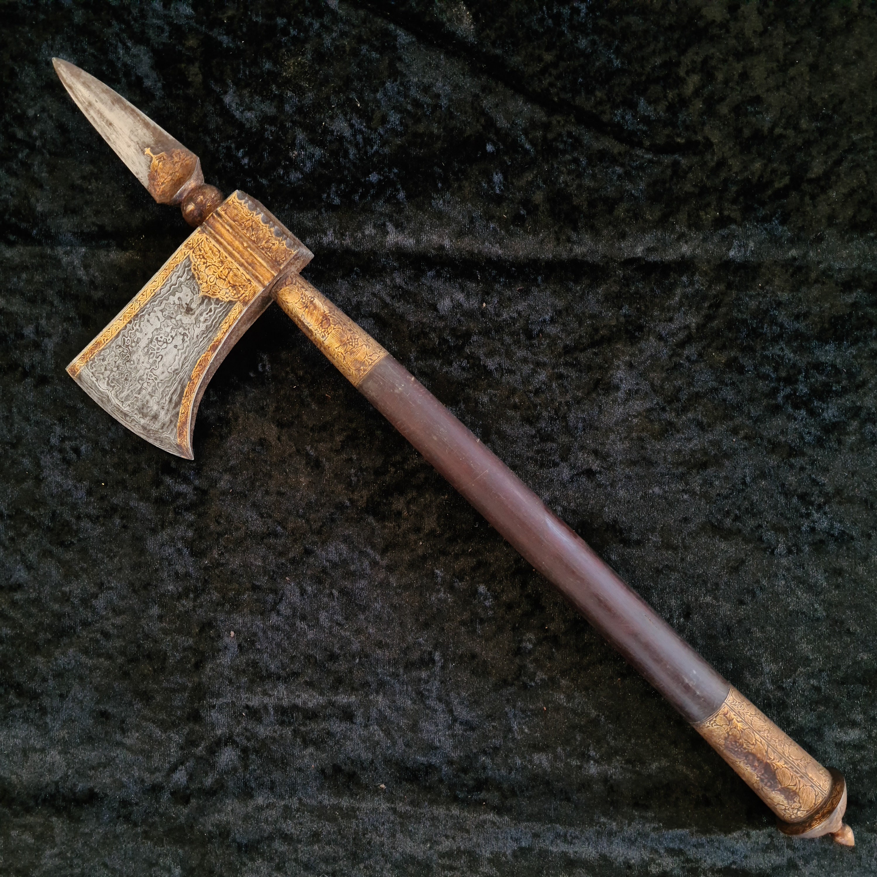 Vintage Indian Islamic Ottoman Spiked Tabar Zin Saddle Axe Gold ...