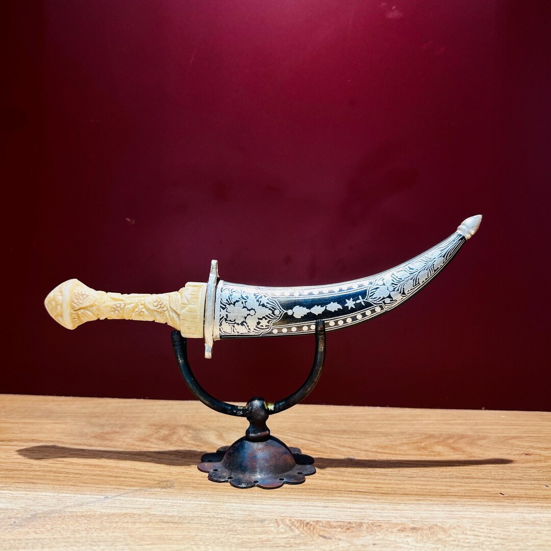 Hand Carved Indo Persian Dagger: Damascus Blade, Silver Koftgari Sheath ...