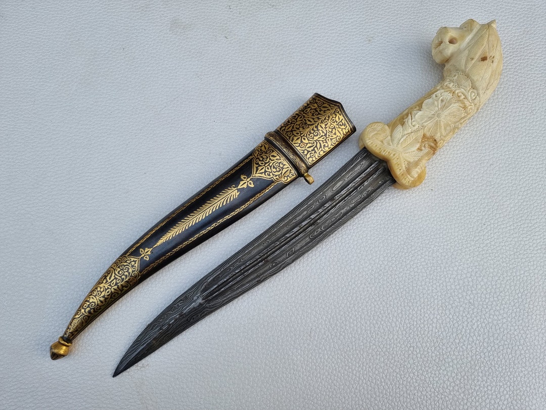 Lion Hilt Bone Carved Dagger With Damascus Blade and Gold Koftgari or ...