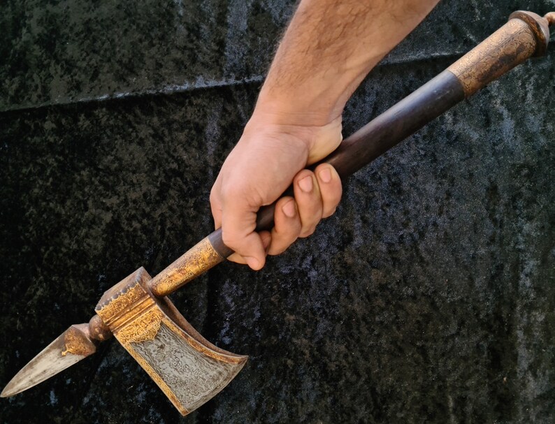 Vintage Indian Islamic Ottoman Spiked Tabar Zin Saddle Axe Gold ...