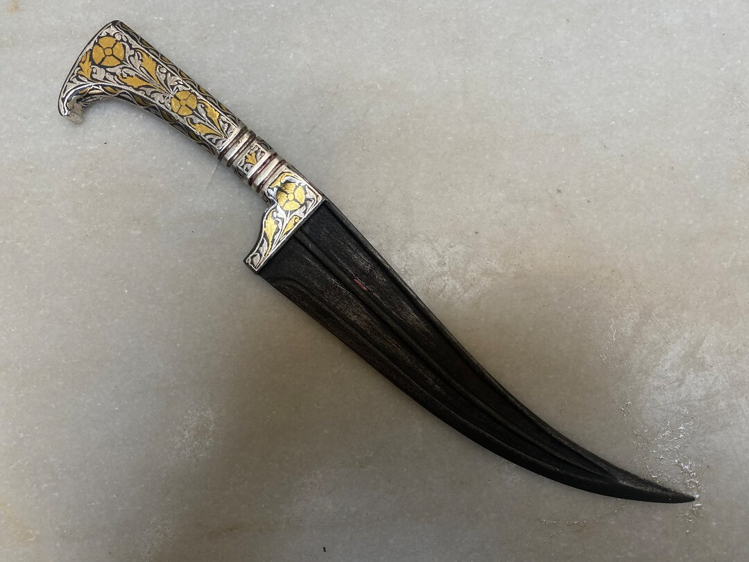 Indian Handcrafted Sikh Kirpan Dagger With Silver and Gold Damascened ...