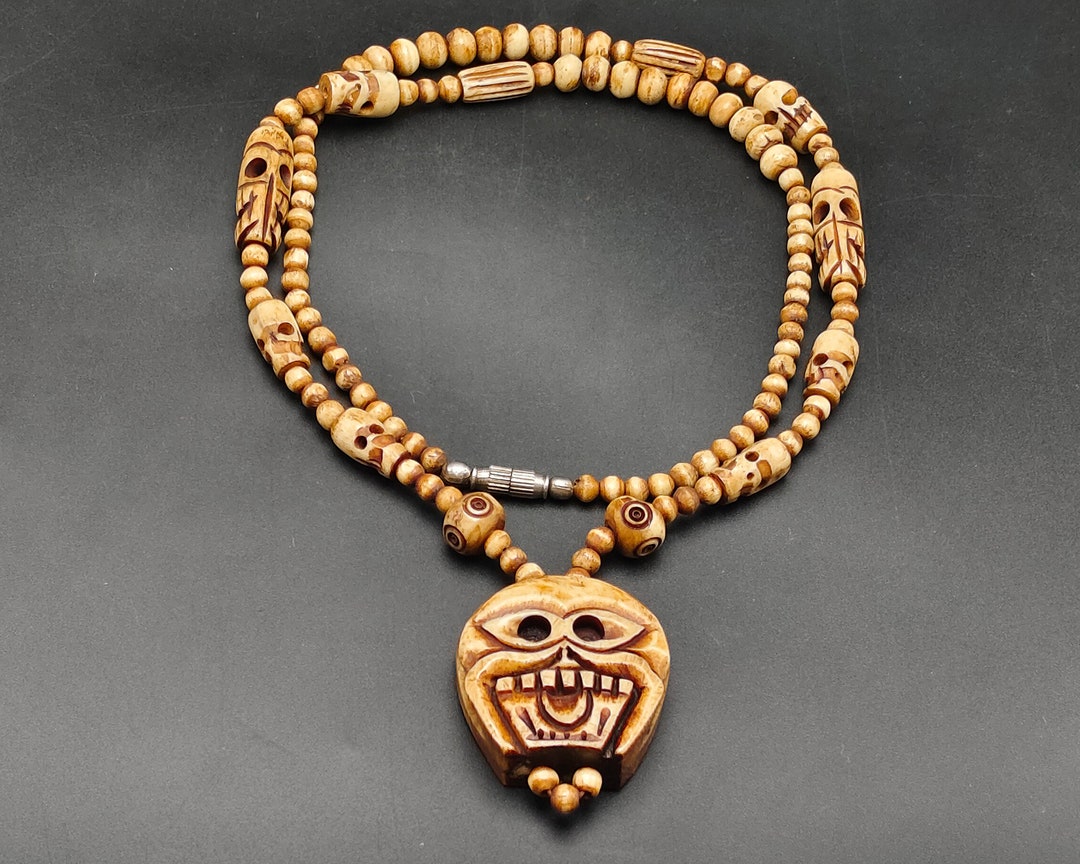 RARE Old Holy Carved Ritual Skull & Chank Shell Beads NAGALAND Necklace ...