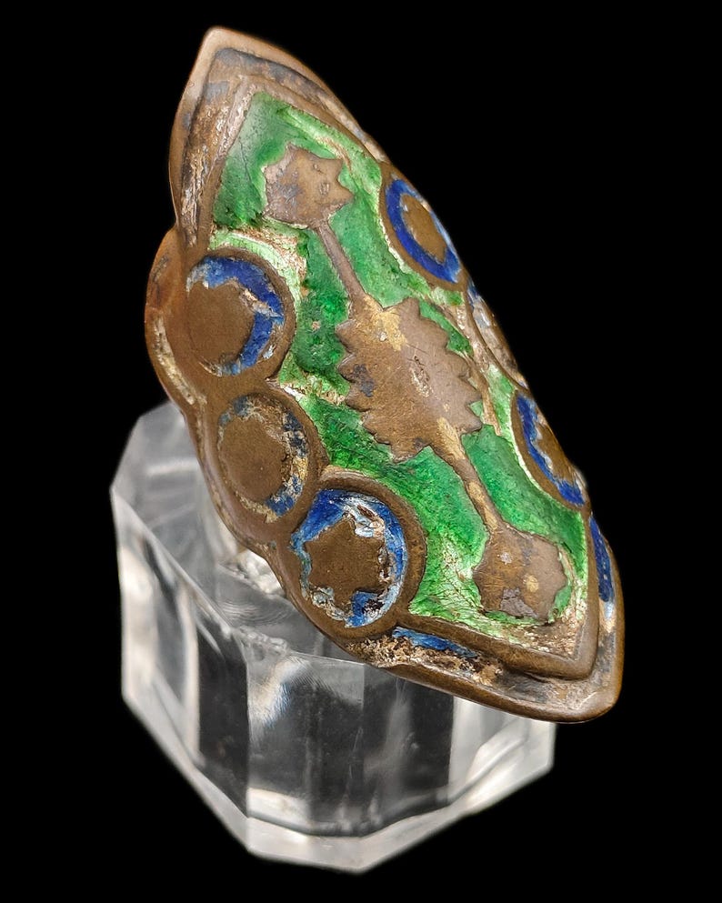 Ancient Multan Blue Green Enameled Bronze Shield Ring Size 3.5 US # ...
