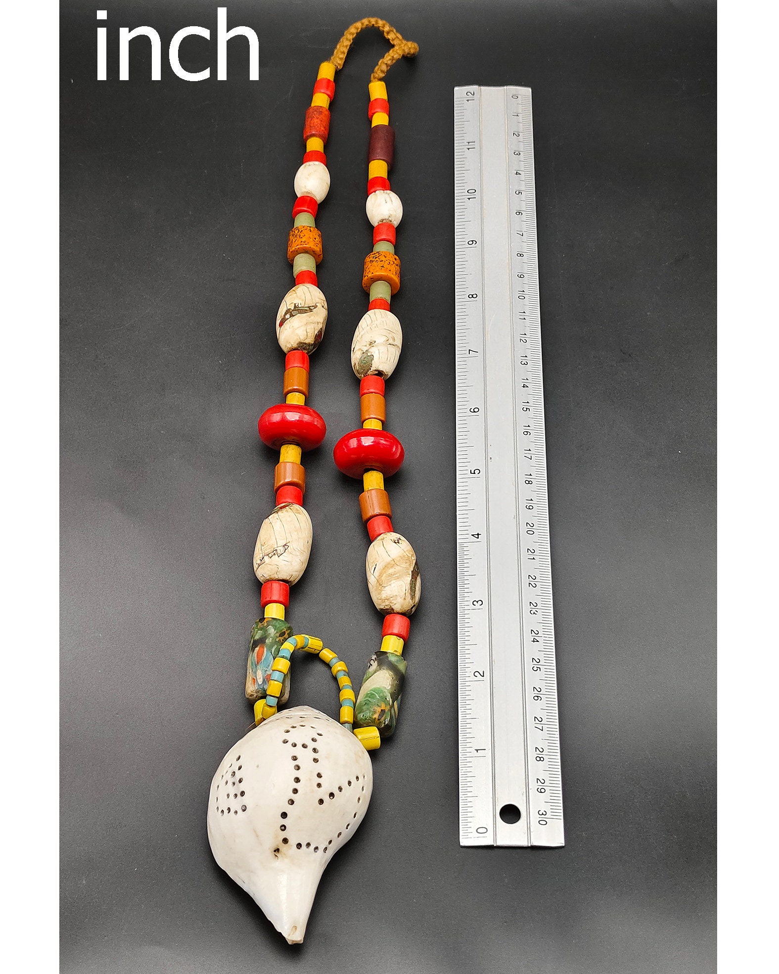 AUTHENTIC Nagaland Glass Beads & Chank Shell Pendant Necklace Tibet ...