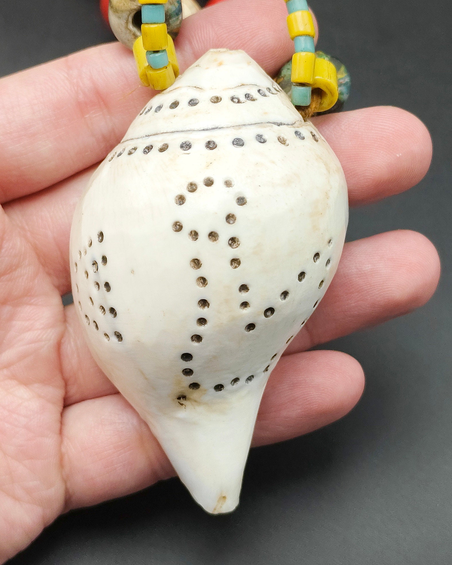 AUTHENTIC Nagaland Glass Beads & Chank Shell Pendant Necklace Tibet ...