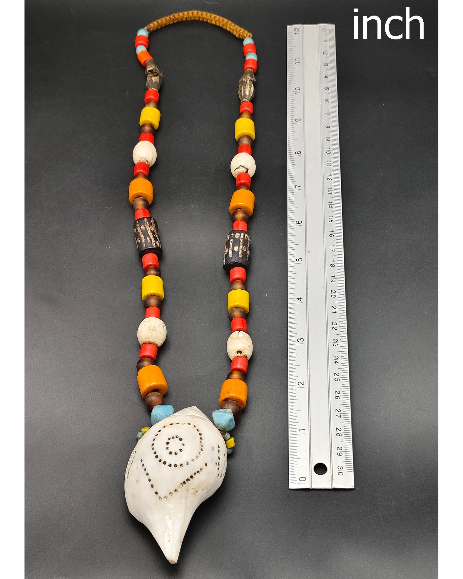 AUTHENTIC Nagaland Glass Beads & Chank Shell Pendant Necklace Tibet ...