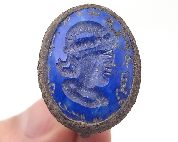 Antique Afghan Greek King Face Intaglio Lapis Silver … - Gem