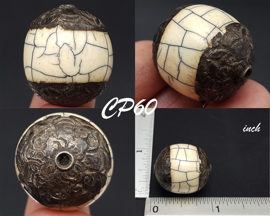 Very Old Tibetan Sacred Chank Shell Banded Silver Cap Barrel Bead cp60c ...