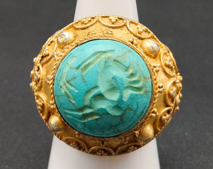 Wonderful Antique Deer INTAGLIO Green Turquoise Stone Gold Plated Ring ...