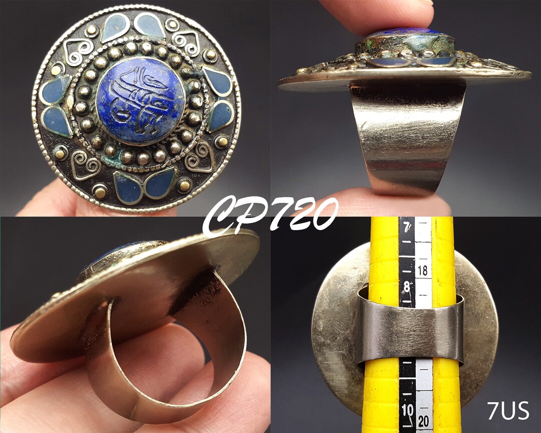 Exquisite Lapis Lazuli Arabic Writing Shield Tibet Native Ring Size 7.5 ...