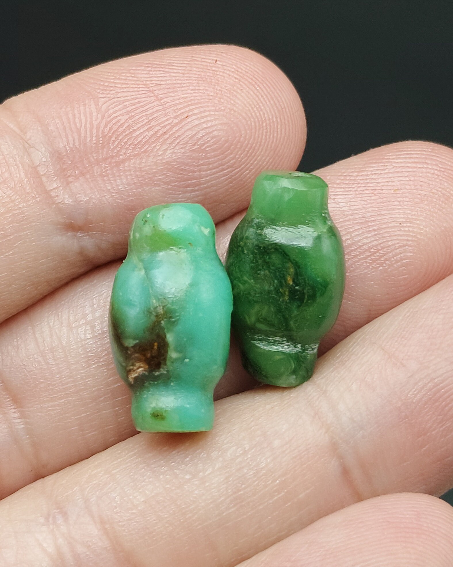 Lot 2 Mayan Olemec Culture Style Apple Green Jade Stone Bicone Collared ...