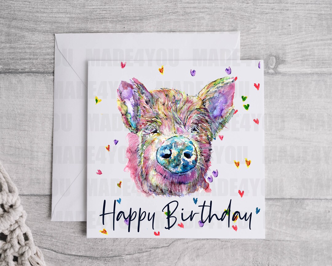 Pig Birthday Card, Colourful Pig Greeting Card, Birthday Card With Pig ...